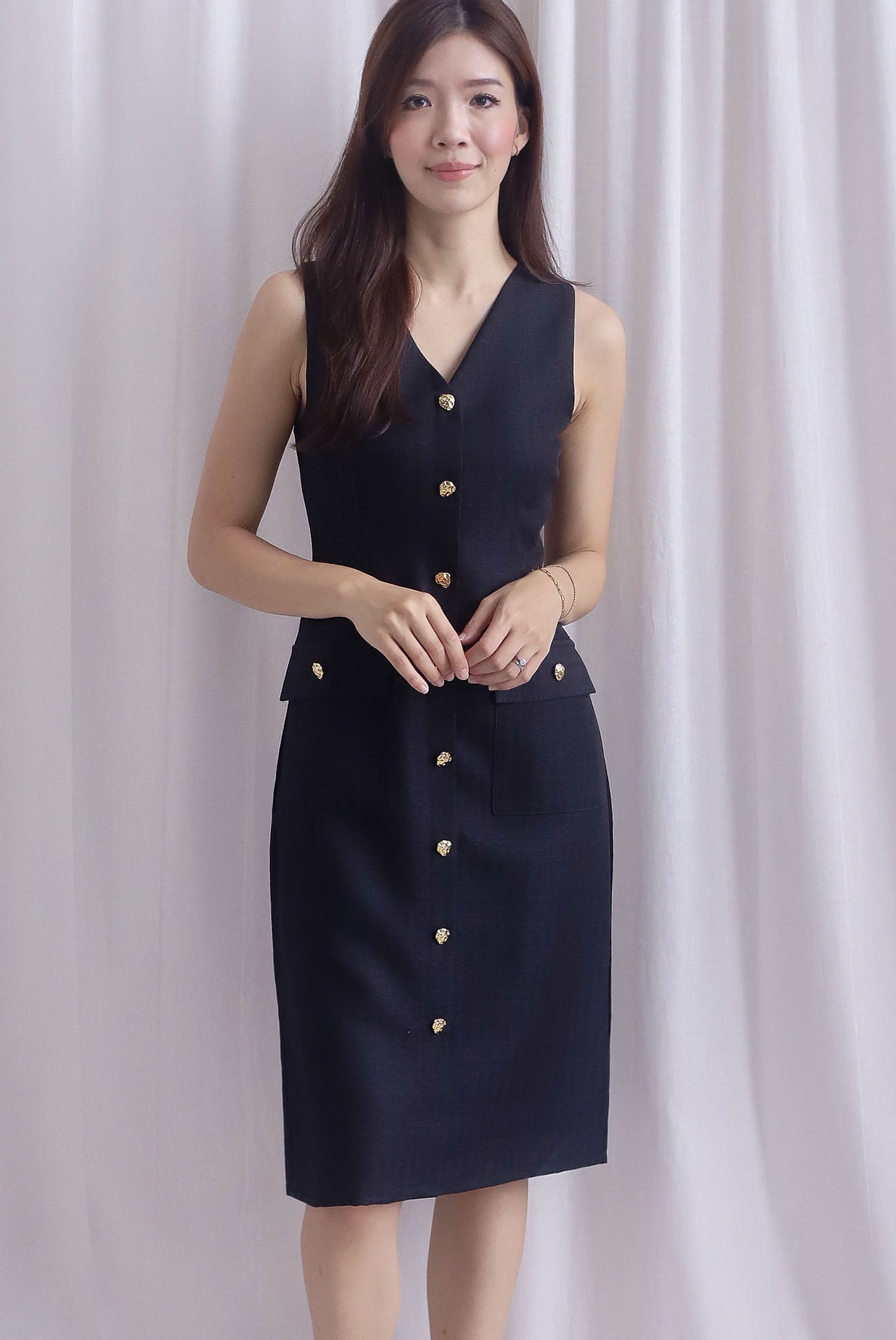 *Restocked* Dulce Gold Buttons Tweed Work Dress In Black – The Design ...