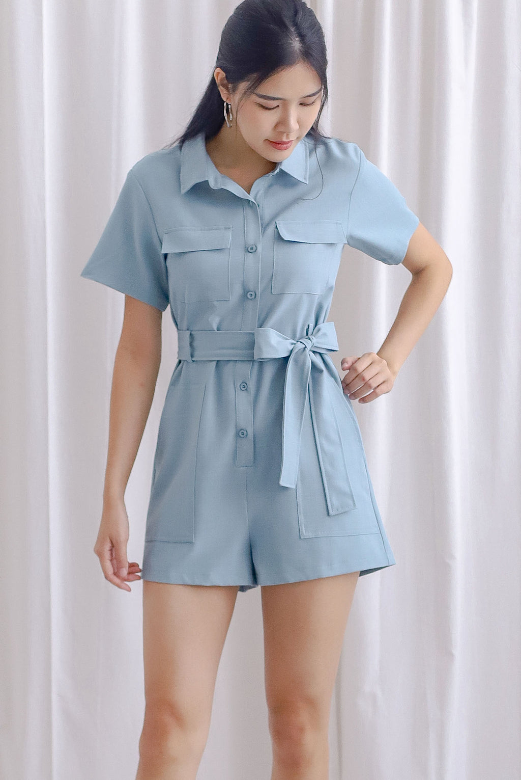 TDC Edith Utility Romper In Light Denim Blue – The Design Closets