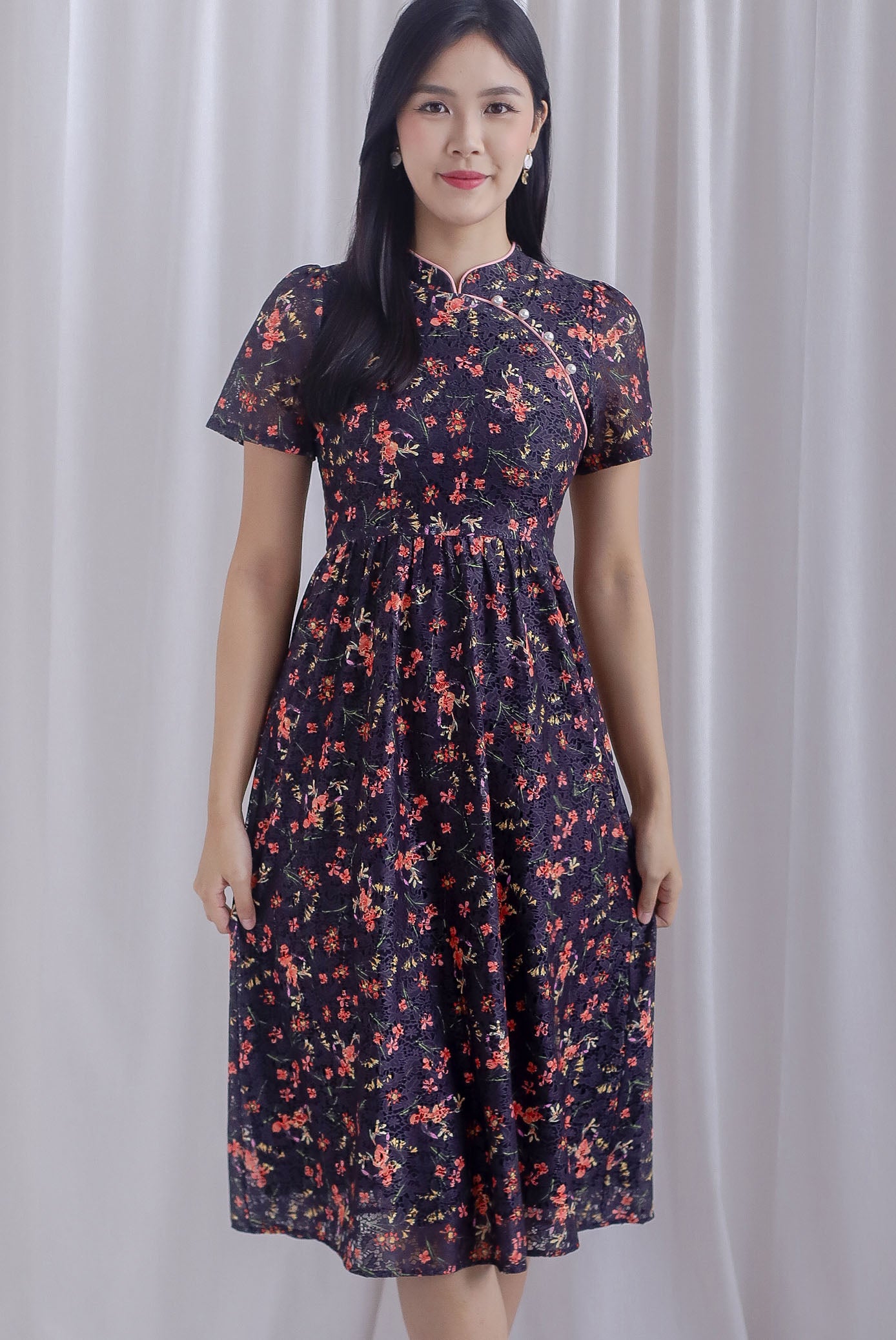 Eudora Sleeved Floral Lace Cheong Sam Dress In Black – The Design Closets