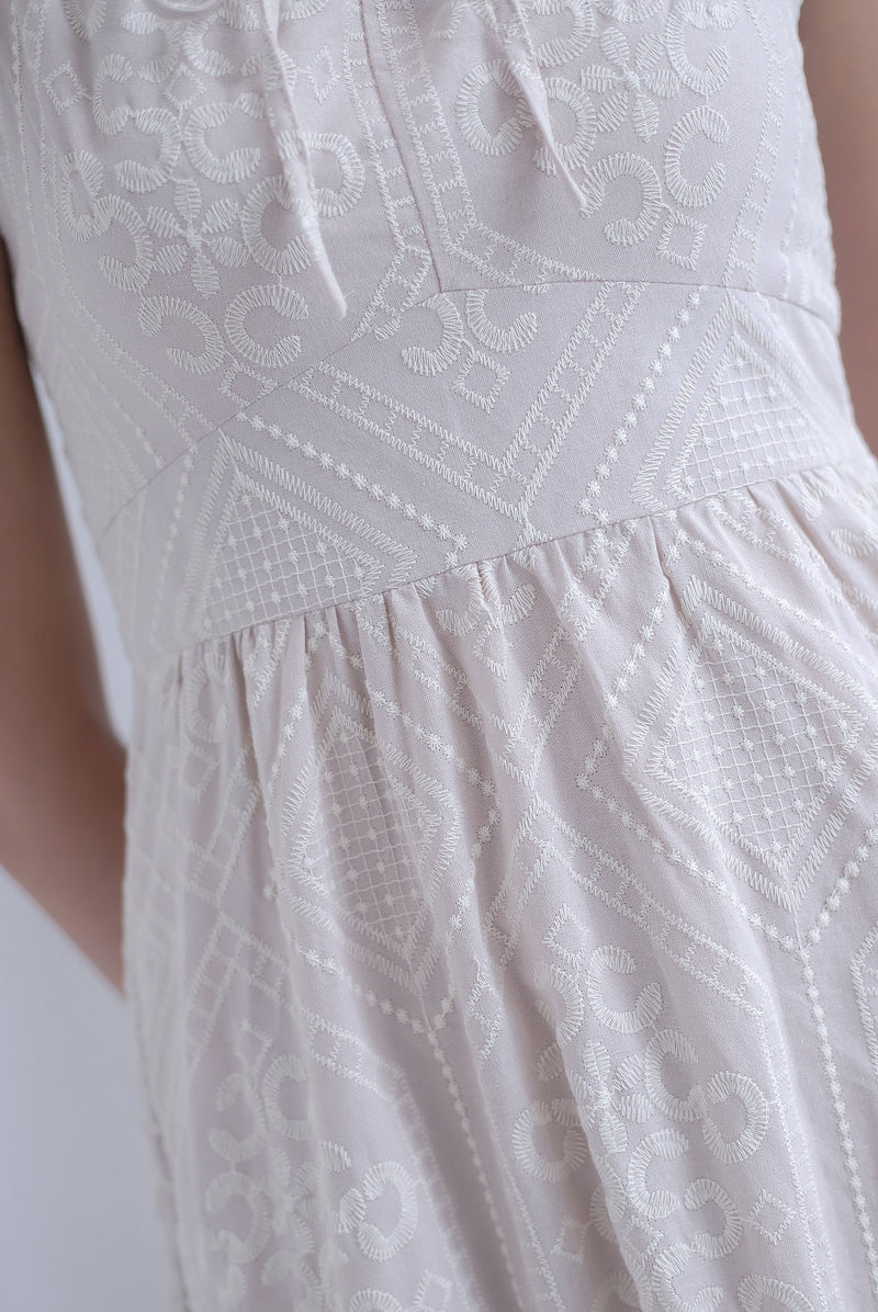 Gwen Empire Tie Front Embro Maxi Dress In Cream – The Design Closets