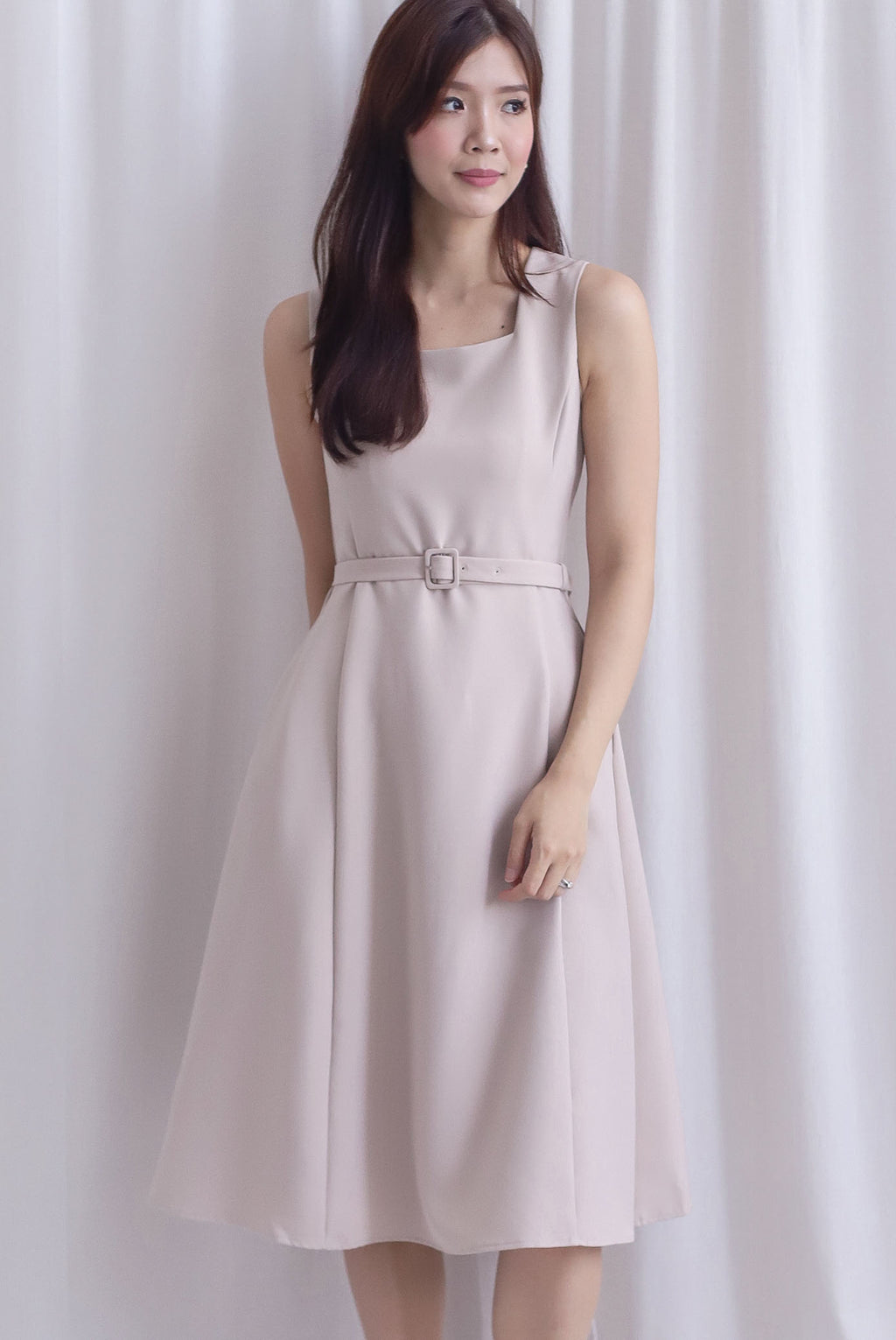 Pippa Belted Midi Work Dress In Ecru – The Design Closets