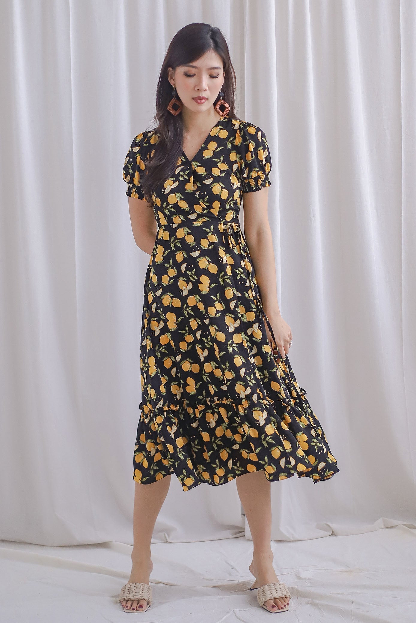 *Premium* Amanda Lemon Faux Wrap Dress In Black – The Design Closets