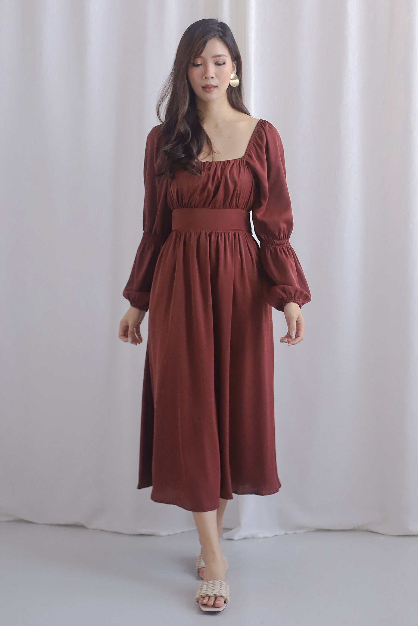 Krystal Double Poof Open Back Dress In Rosewood Red – The Design Closets
